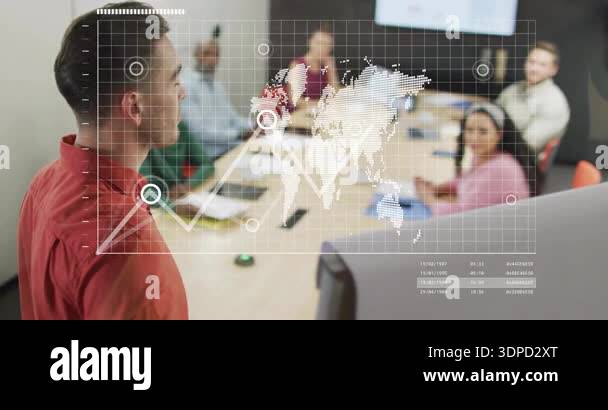 Presenter turning toward display and activating world map overlay ...