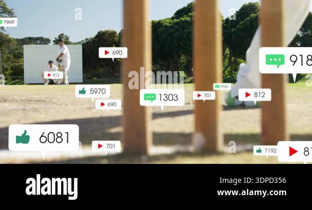 Cricket bowler landing foot and releasing ball showing social icons ...