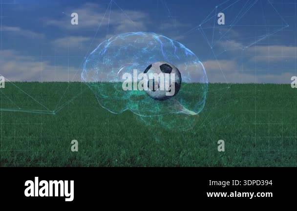 Soccer ball appearing from left rolling through floating holographic ...