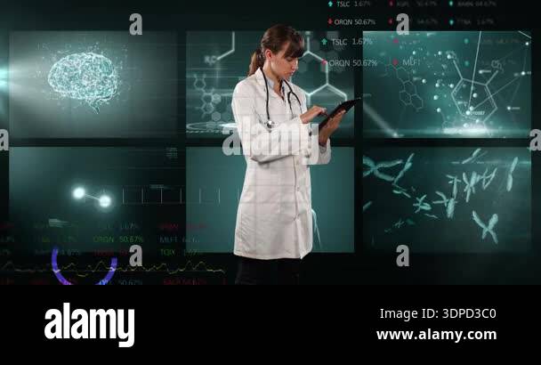 Animation of data processing over caucasian female doctor with tablet ...