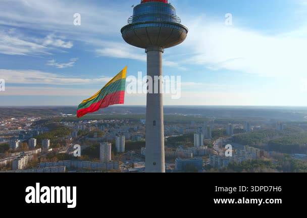 Giant tricolor Lithuanian flag waving on Vilnius television tower on ...