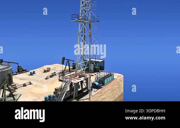 3d animation of oil well surface view showing drilling rig, pumpjack ...