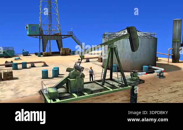 3d animation of oil well operation showing drilling rig, pumpjack ...