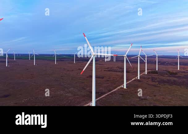 Wind turbines generate energy in a large open field. The sun is setting ...