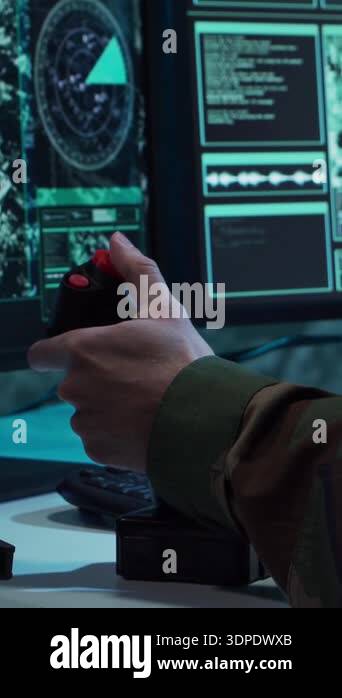 Soldier in a dimly lit military control room, intensely focused on ...