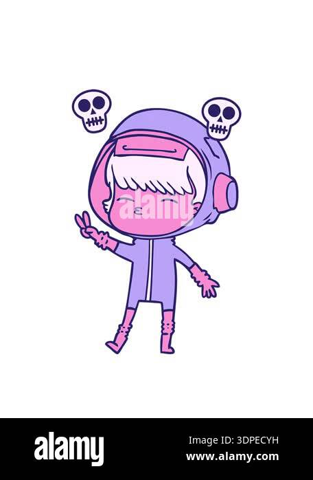 spinning skulls animation of cartoon spacegirl making peace sign Stock ...