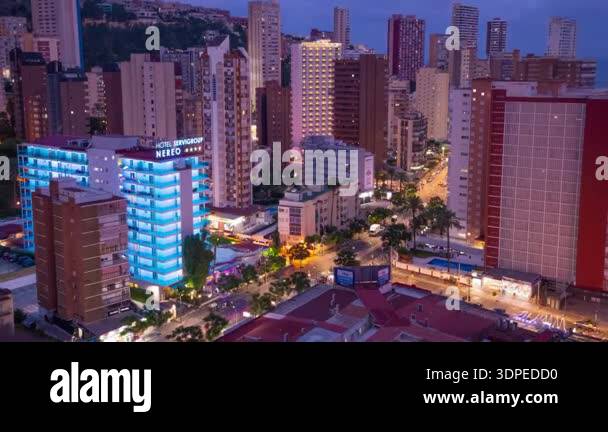 Night view of buildings and street lights in Benidorm, Spain during ...