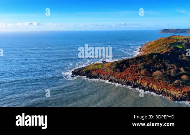 High angle view of ocean horizon and coastal headland. Aerial shot ...