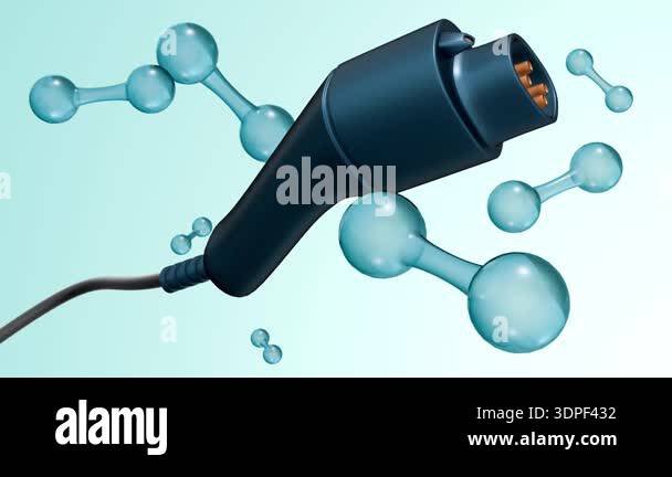 A 3d animation of a nozzle or power plug surrounded by hydrogen ...