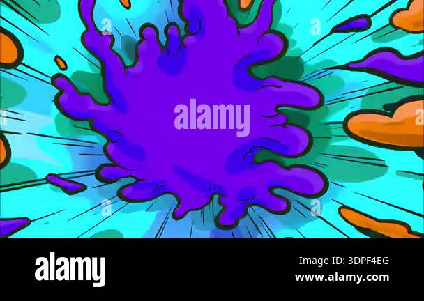 Comic Splash Explosion, Purple Ink Burst, Cyan Background, Orange Drops ...