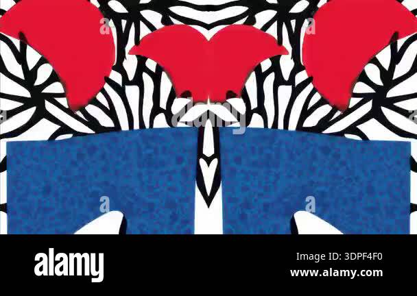 Symmetrical zebra pattern with red organic shape and blue abstract ...