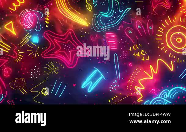 Neon cartoon scribble doodle pattern, glowing abstract symbols, bright ...