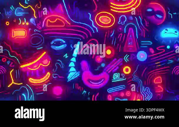 Neon Doodle Illustration Background, Glowing Abstract Symbols and ...