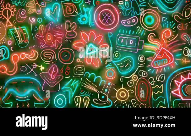 Neon light icon doodle background with glowing symbols key bulb eye ...