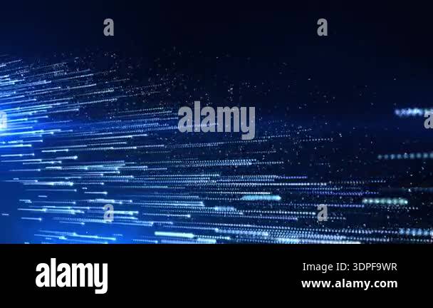 Blue glowing data streams streak across a dark background, forming a ...