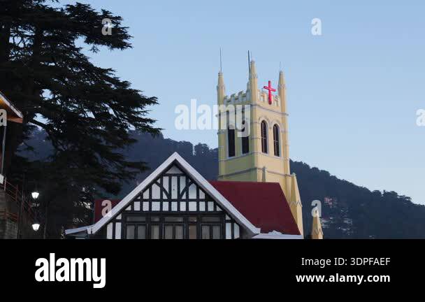 vintage christ church shimla iconic landmark with yellow gothic tower ...