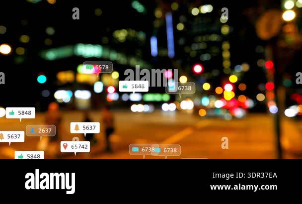 Animation of social media icons and numbers over out of focus city ...