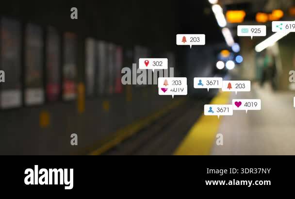 Animation of social media icons and numbers over out of focus train ...