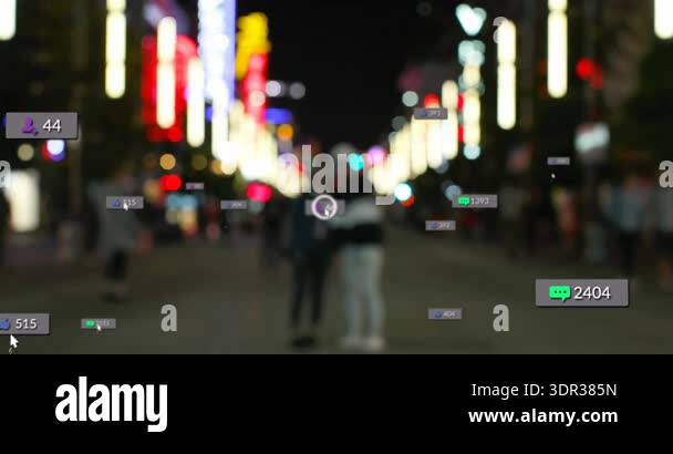 Animation of social media icons and numbers over out of focus city ...