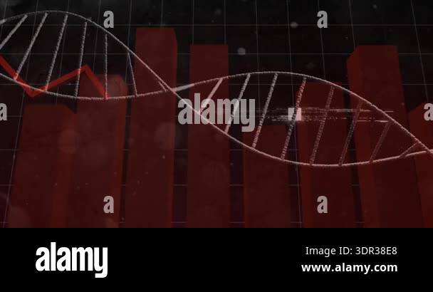 Sliding white DNA helix across grid, red bars rising falling with ...