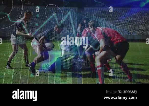 Rugby players forming ruck post tackle, animated data charts ...
