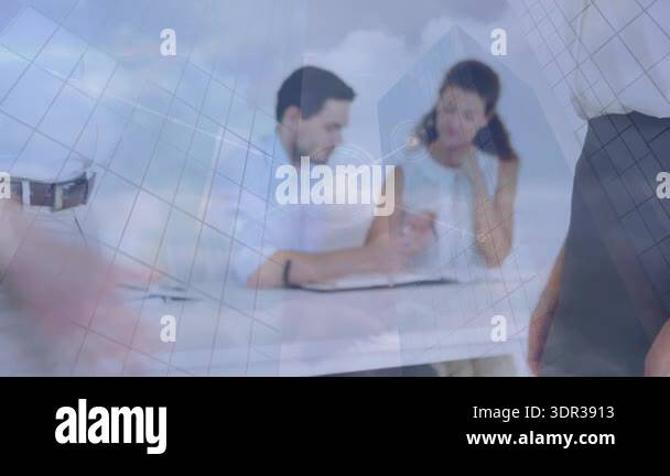 Animation of businesspeople shaking hands over office building and ...