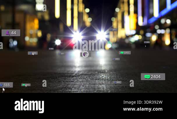 Animation of social media icons and numbers over out of focus city ...