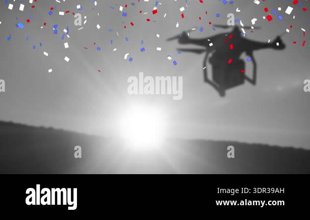 Animation of american red, white and blue confetti falling over black ...