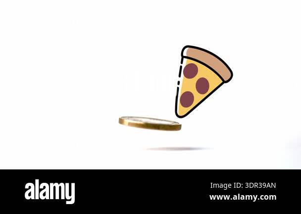 Digital animation of moving pizza icons and falling ocin over white ...