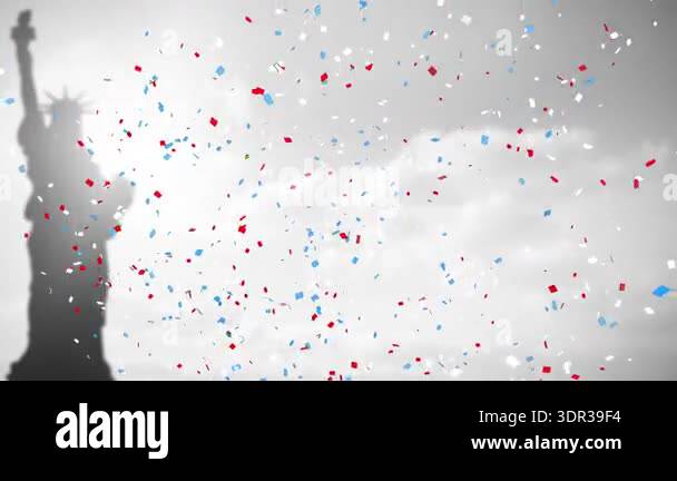 Animation of american red, white and blue confetti falling over cloudy ...