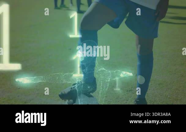Teen soccer player pressing foot on ball, activating wireframe and ...