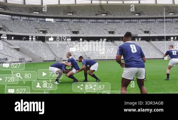 Scrum-half raising hand to start rugby lineout as forwards lifting ...