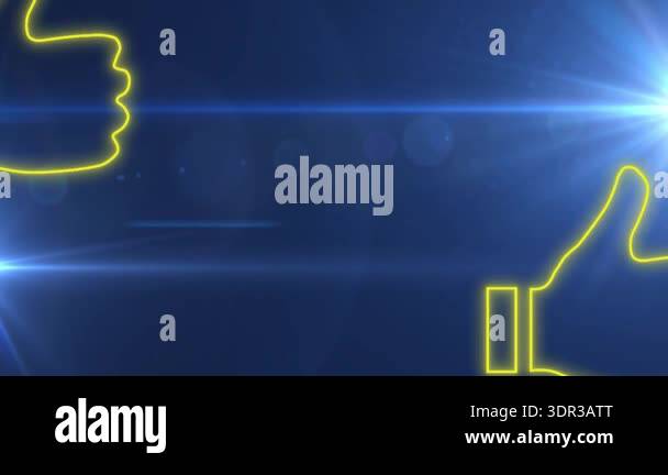Animation of neon like icons and light over blue background. pattern ...