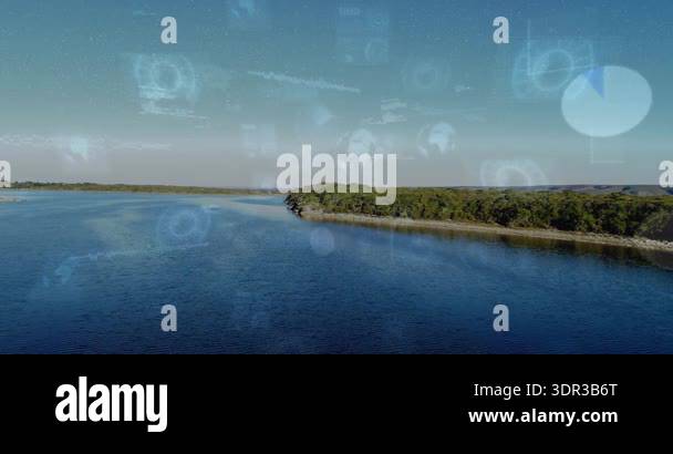 Rings fading in above river, data graphs and codes emerging and merging ...