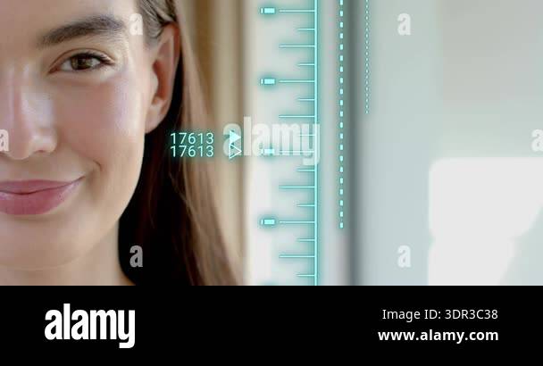 Woman sitting calm as digital gauge emerging beside face and scanning ...