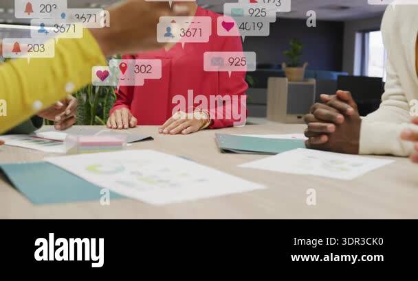 Marketing team reviewing charts unleashing animated icons stacking ...