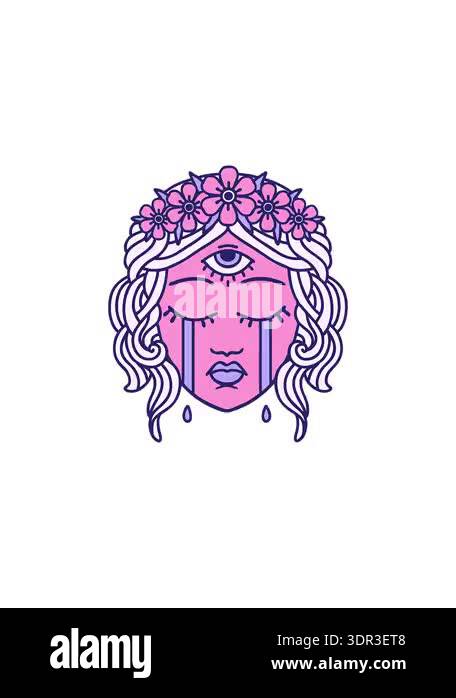 flashy sales animation of iconic tattoo style image of female face with ...