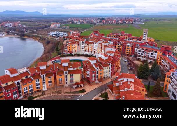 Aerial view of a circular resort complex with a pool. High angle shot ...