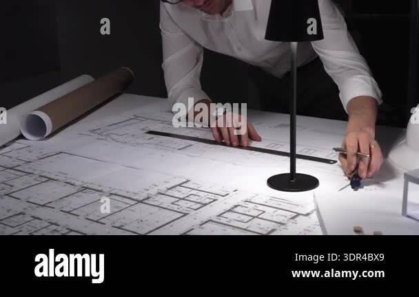 Architect carefully planning building blueprints at a desk, designing ...