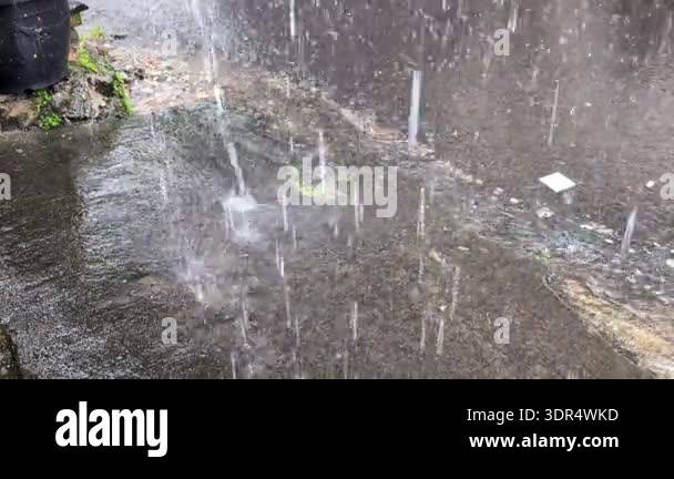Raindrops hitting the ground surface create splashes during heavy ...