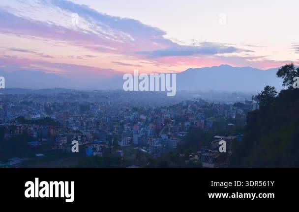 Beautiful aerial zoom in 4k panorama sunset timelapse over Nepal ...