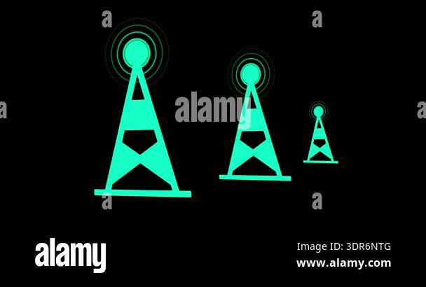 signal tower broadcasting radio waves animation on black background ...