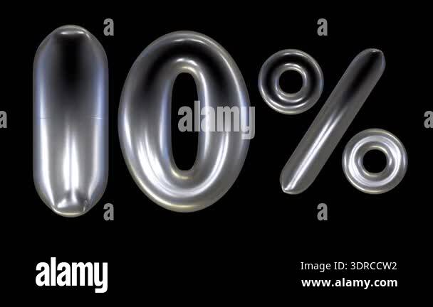 Shiny metallic ten percent symbol reflecting light on black background ...