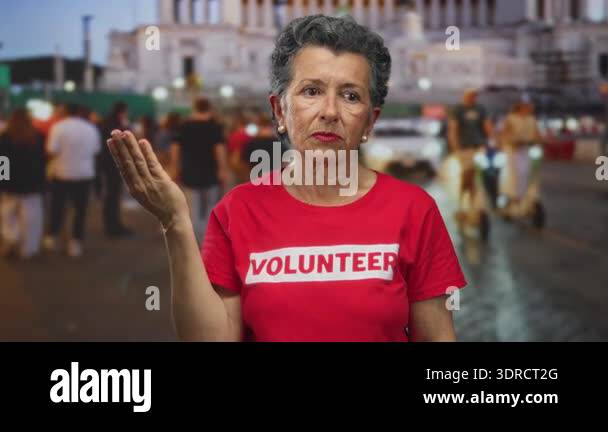 Senior woman volunteer with grey hair looks worried on a city street ...