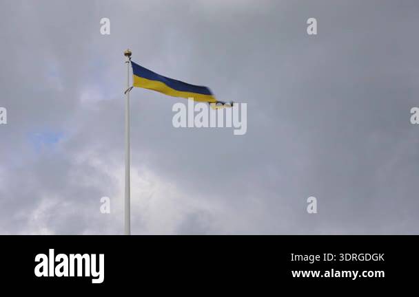 Swedish pennant flag (vimpel) waving vigorously on a white flagpole ...