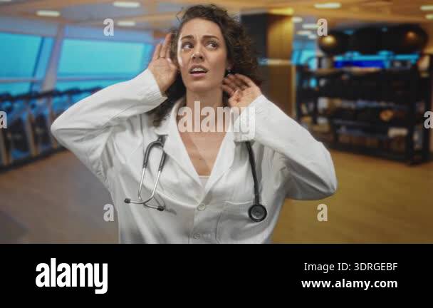 Young hispanic woman doctor with stethoscope cupping ears in gymnasium ...