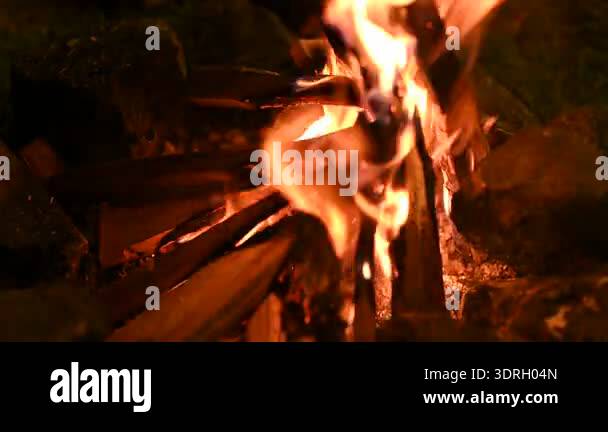 Fire burns, dancing around burning logs in a campfire. The cozy and ...