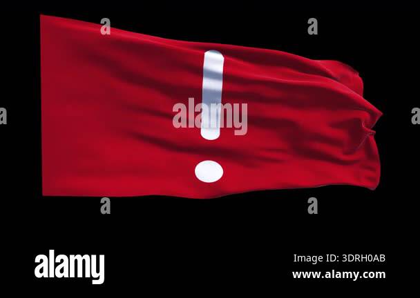 Animated flag with exclamation mark waving in the wind. Warning alert ...