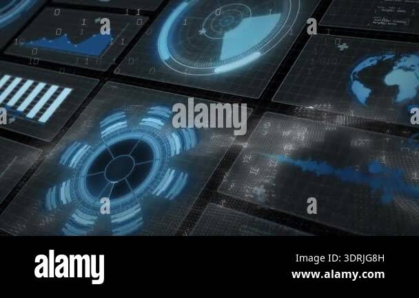 Triggered by rotating HUD elements, holographic panels streaming binary ...
