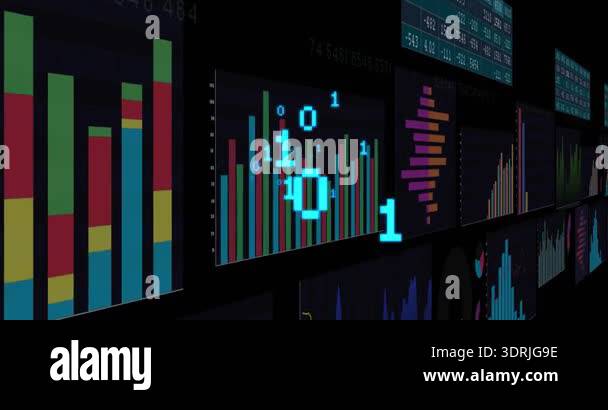 Binary digits rising over stacked bar chart initiating camera sliding ...